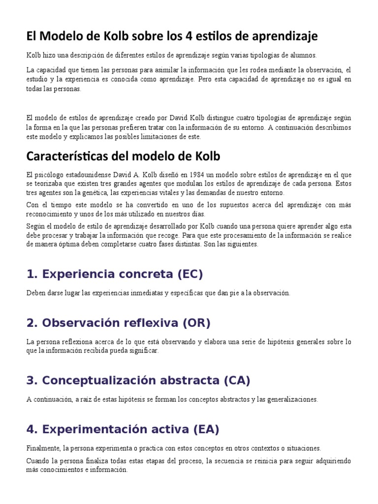 El Modelo de Kolb Sobre Los 4 Estilos de Aprendizaje | PDF | Aprendiendo estilos | Aprendizaje