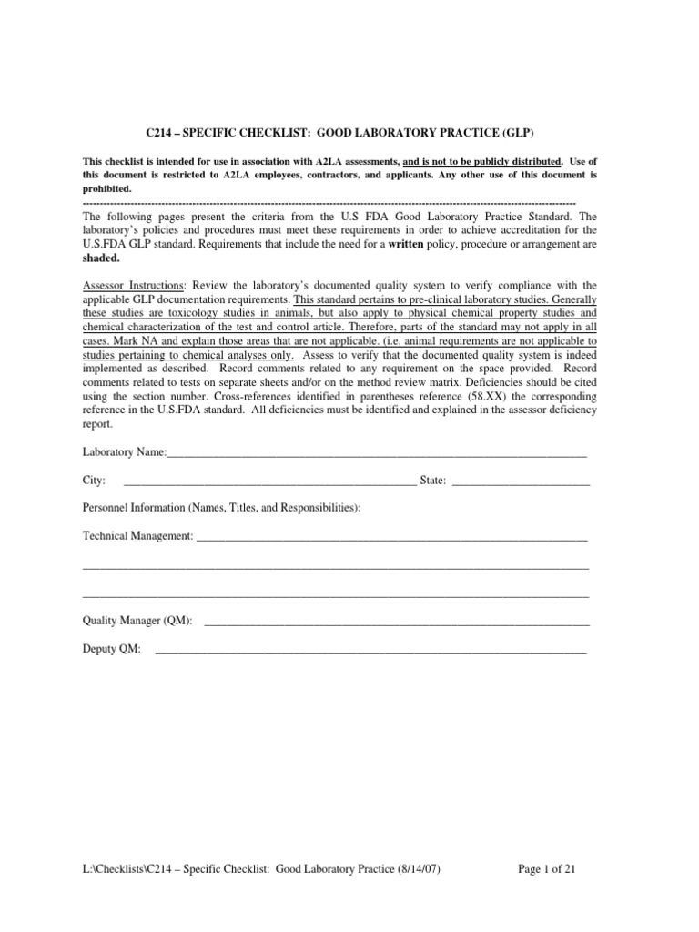 C214 - Specific Checklist: Good Laboratory Practice (GLP) | PDF ...