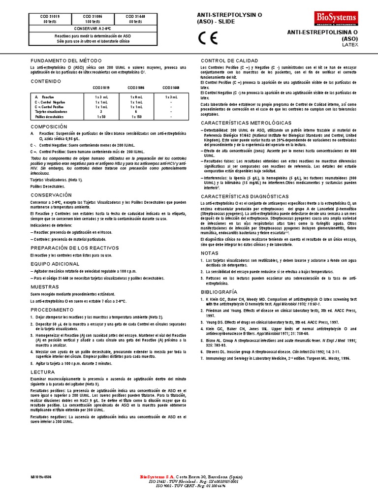 Prueba de Antiestreptolisina O (ASO) | PDF | Estreptococo | Inmunología