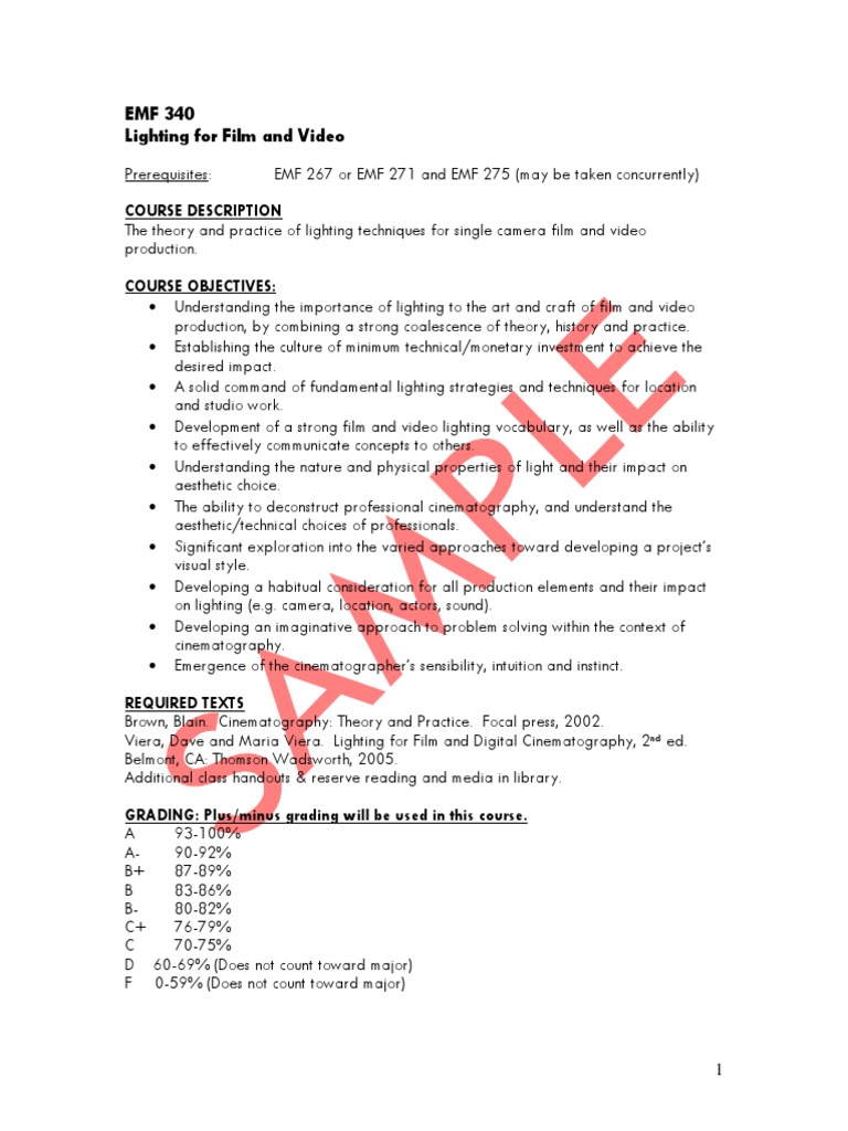 Emf 340 Syllabus Sample PDF | PDF | Cinematography | Lighting