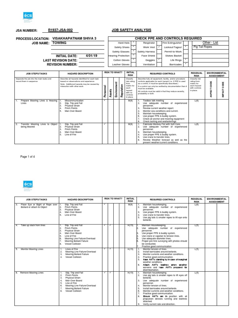 R1937-JSA-002 Job Safety Analysis For Towing | PDF | Occupational ...
