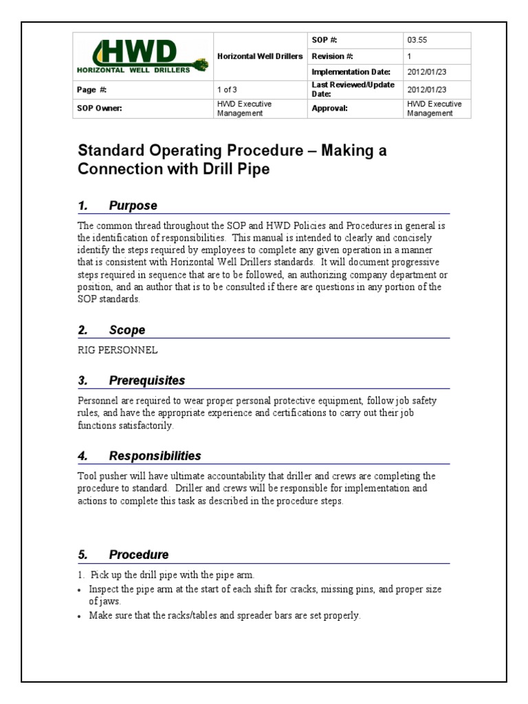 Standard Operating Procedure - Making A Connection With Drill Pipe ...