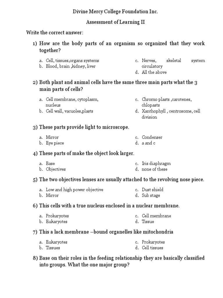 Divine Mercy College Foundation Inc ASSESSMENT 2 | PDF | Waves | Cell ...