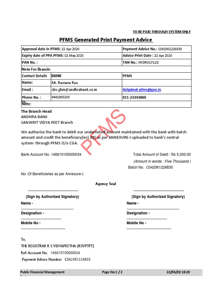 PFMS Generated Print Payment Advice | PDF | Payments | Banks