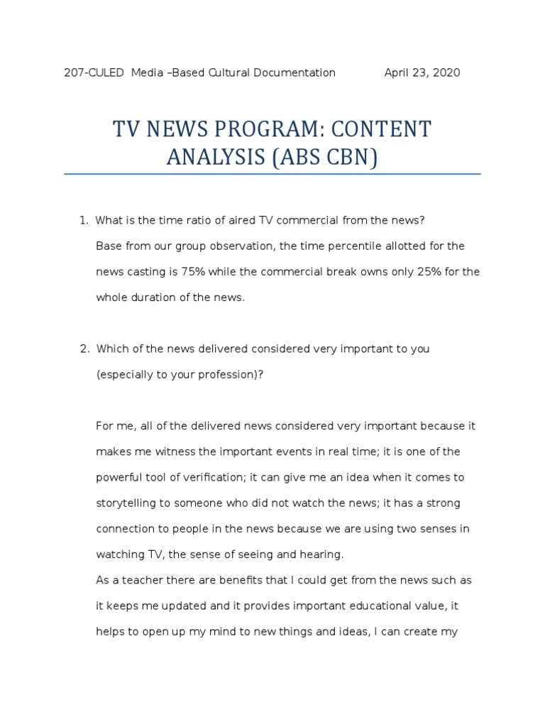 TV News Program: Content Analysis (Abs CBN) | PDF | Television ...