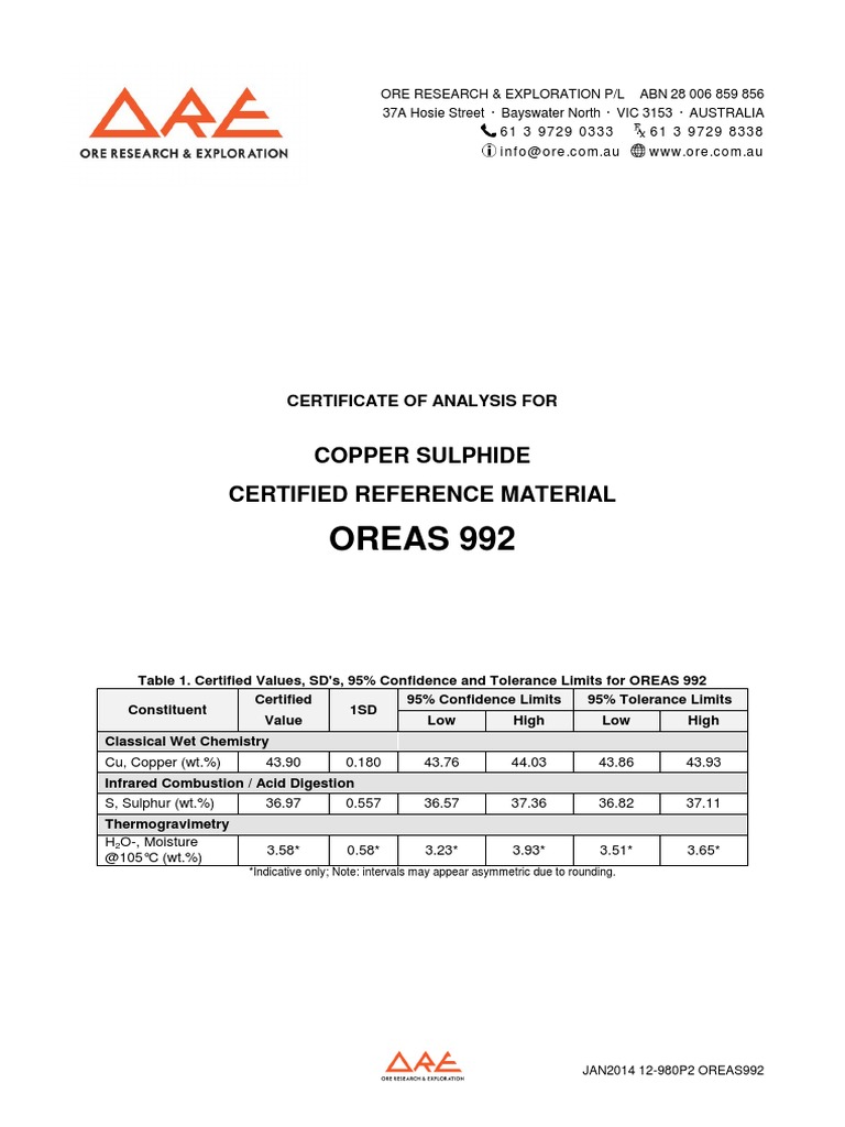 OREAS 992 Certificate | PDF | Outlier | Standard Deviation