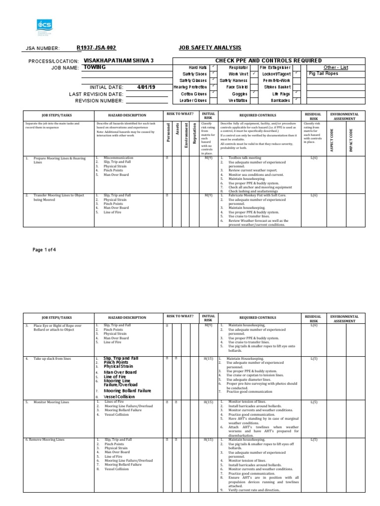 R1937-JSA-002 Job Safety Analysis For Towing | PDF | Prevention | Safety
