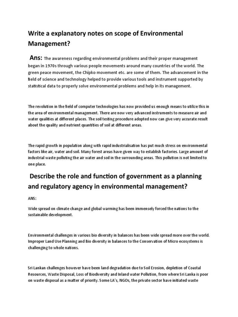 Write A Explanatory Notes On Scope of Environmental Management? Ans ...