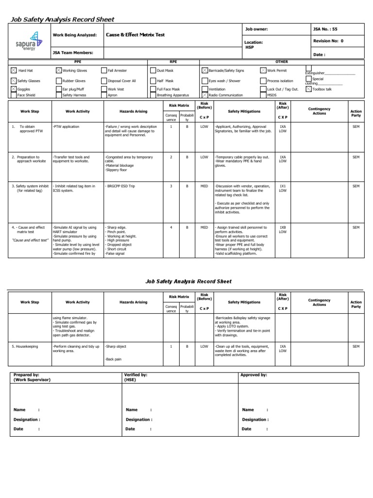 Job Safety Analysis Record Sheet: Cause & Effect Metrix Test | PDF ...