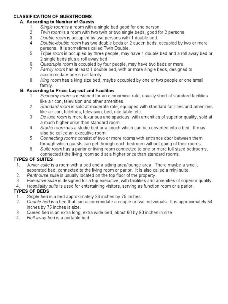 Classification of Guestrooms A. According To Number of Guests | PDF ...
