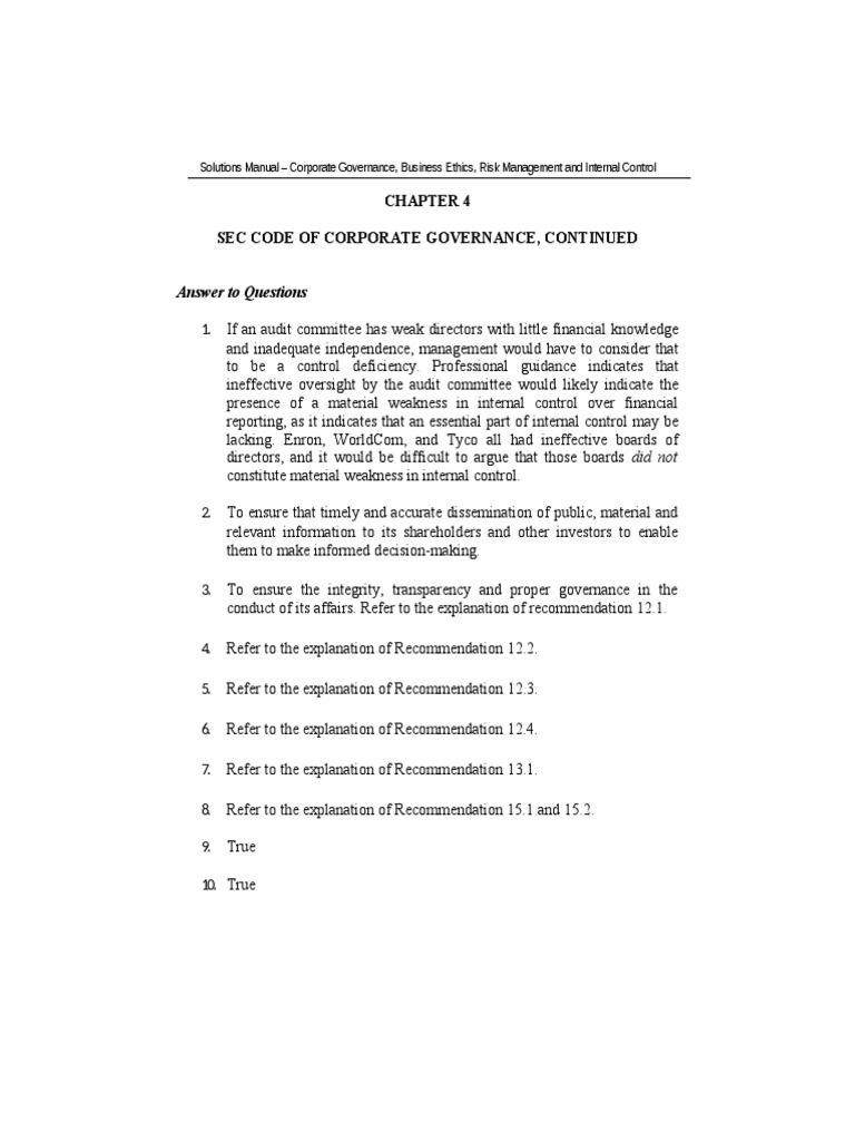 Sec Code of Corporate Governance, Continued: Answer To Questions | PDF ...