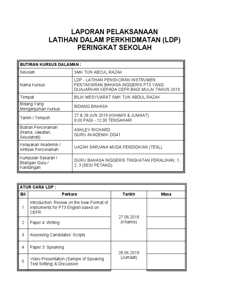 Contoh Laporan LDP Sekolah PT3 CEFR 2019 | PDF