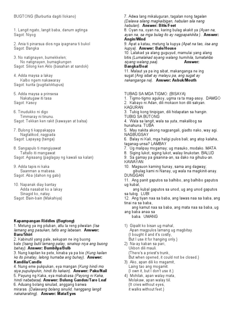 BUGTONG Sa Iba't Ibang Dayalekto | PDF