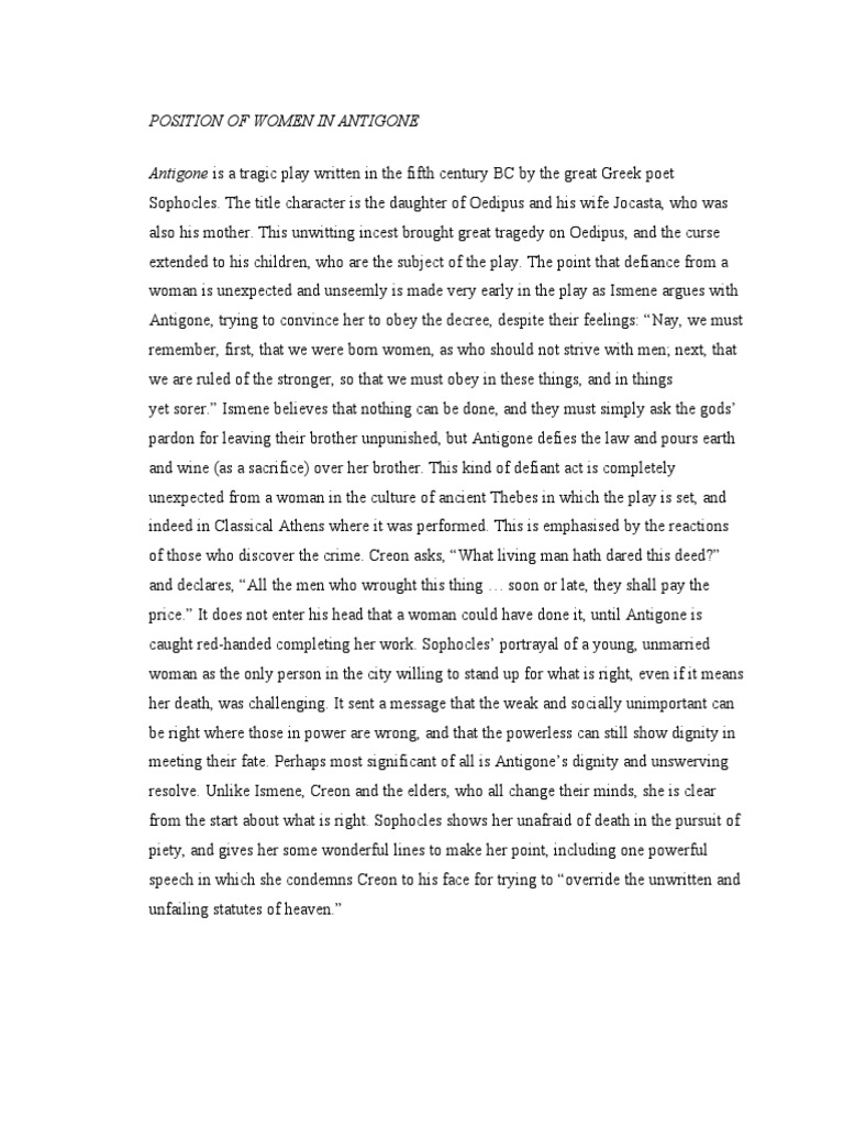Position of Women in Antigone Antigone Is A Tragic Play Written in The ...