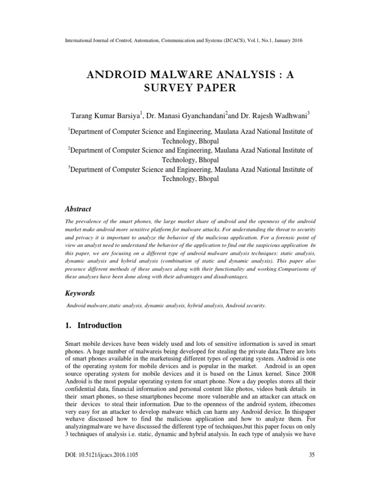 Android Malware Analysis A Survey Paper Tarang Kumar Barsiya Dr