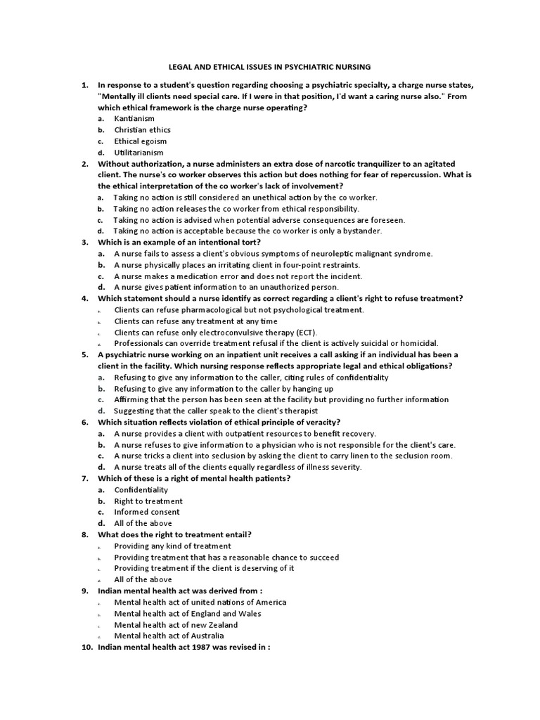 Legal and Ethical Issues in Psychiatric Nursing | PDF | Psychiatry ...