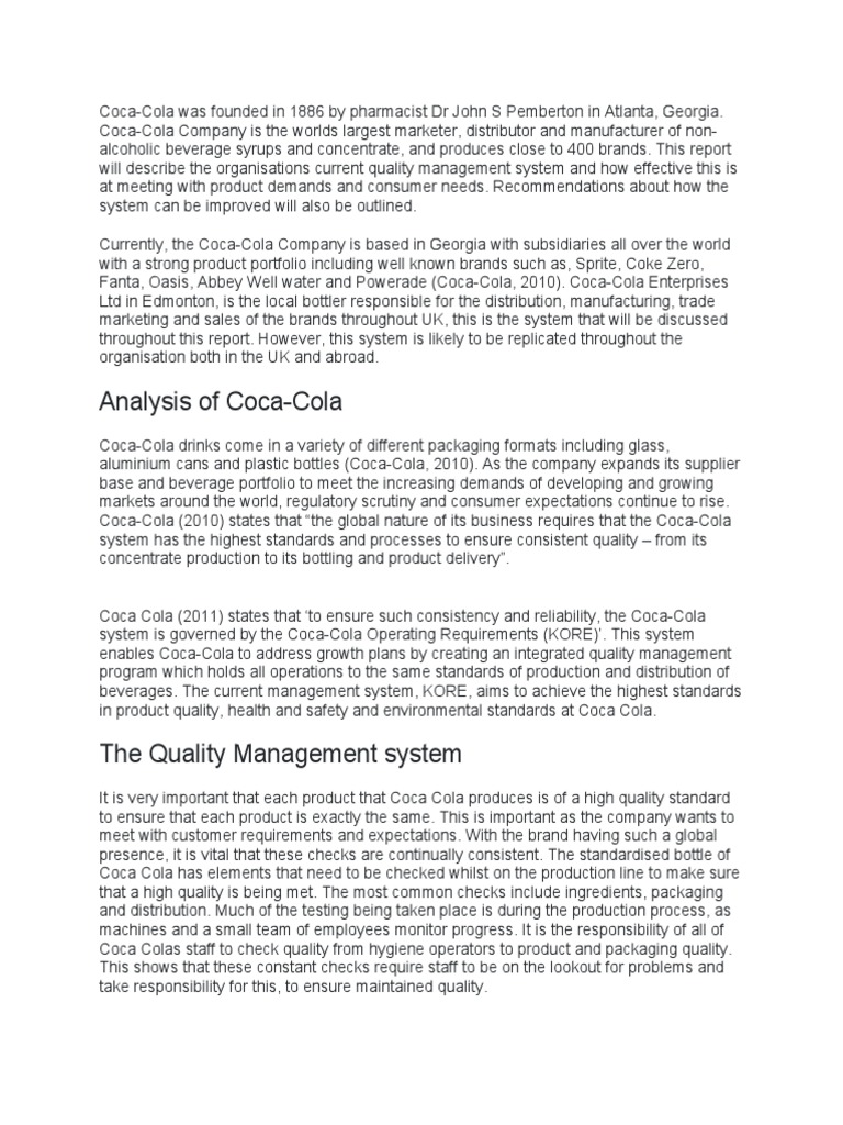 Analysis Of Coca Cola Pdf The Coca Cola Company Quality Assurance
