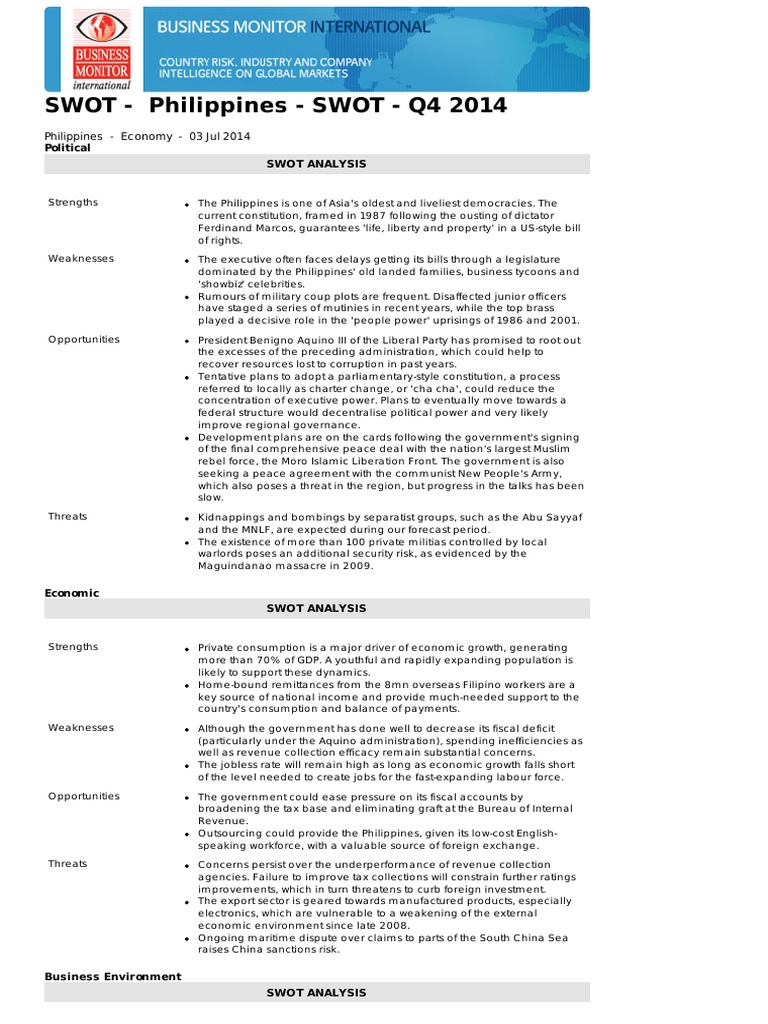 SWOT Analysis Philippines PDF | PDF | Philippines | Economies