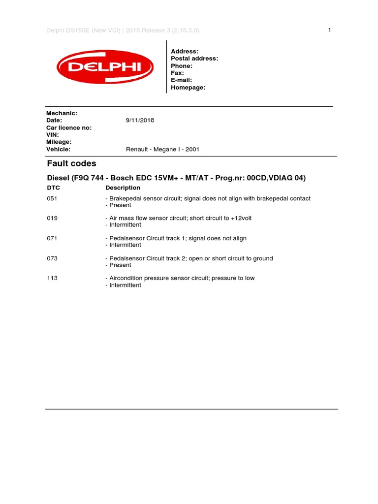 Renault Megane Fault Codes Overview | PDF
