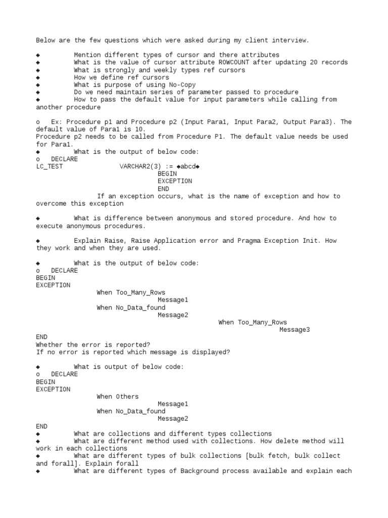Oracle SQL/PLSQL Client Interview Questions | PDF | Pl/Sql ... Oracle SQL/PLSQL Client Interview Questions | PDF | Pl/Sql ...