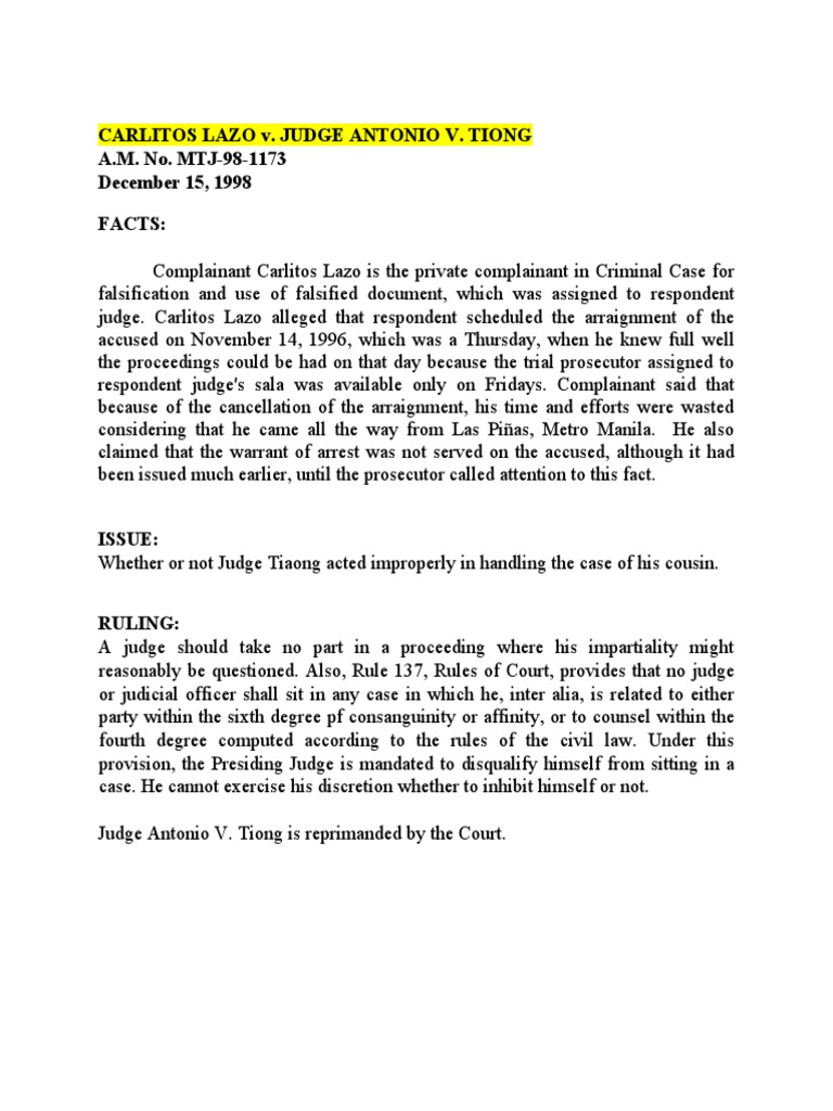 Carlitos Lazo V. Judge Antonio V. Tiong A.M. No. MTJ-98-1173 December ...