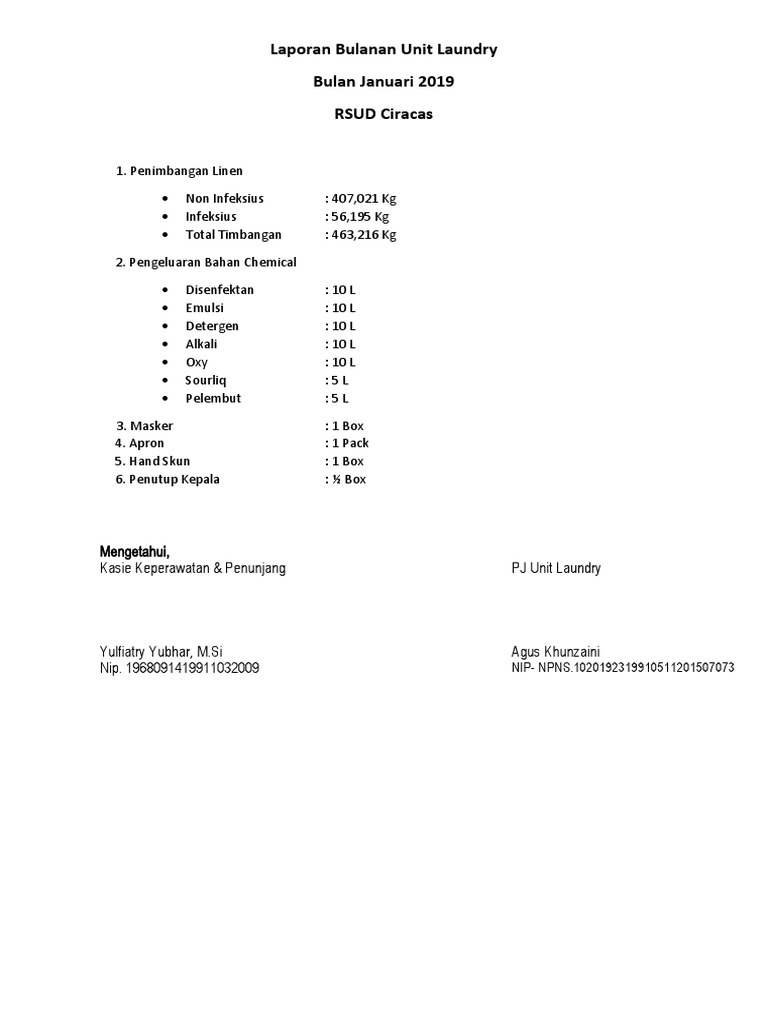 Laporan Bulanan Unit Laundry 2019 | PDF | Domestic Life | Softlines ...