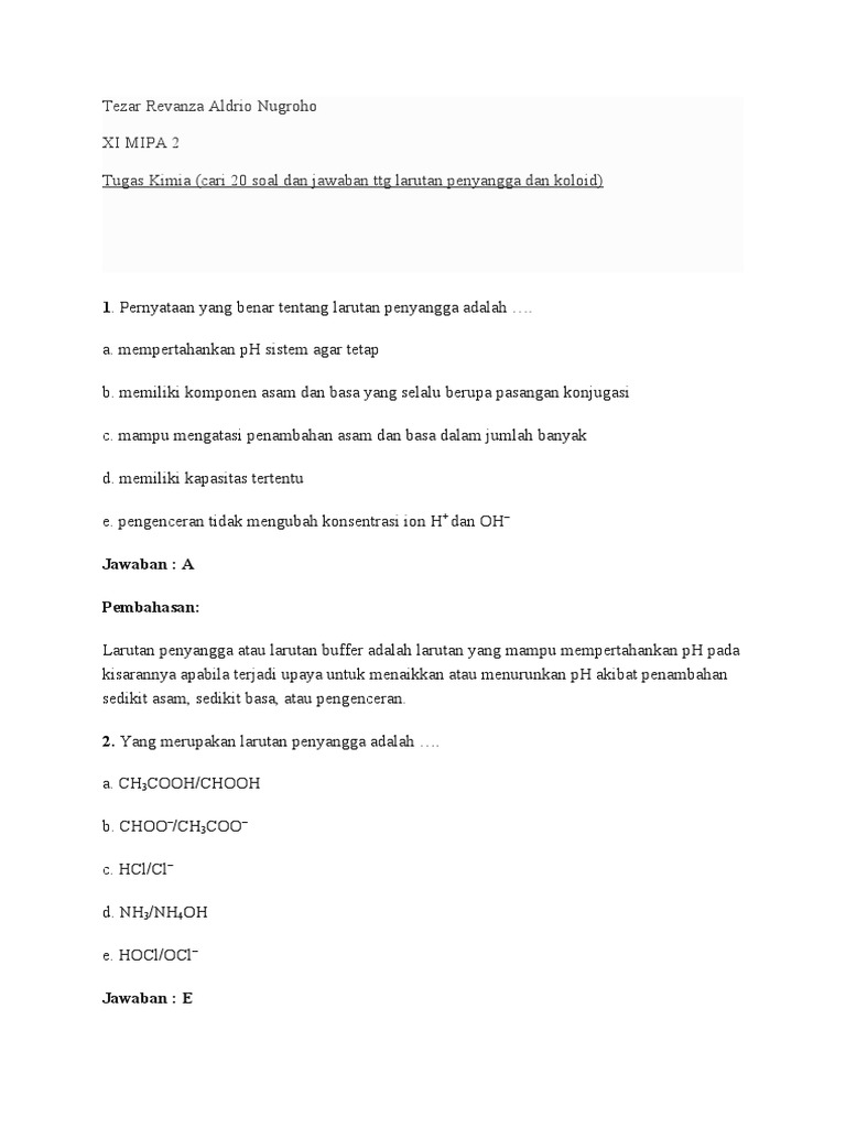 Tezar Revanza Aldrio Nugroho Xi Mipa 2 Tugas Kimia (Cari 20 Soal Dan Jawaban TTG Larutan ...