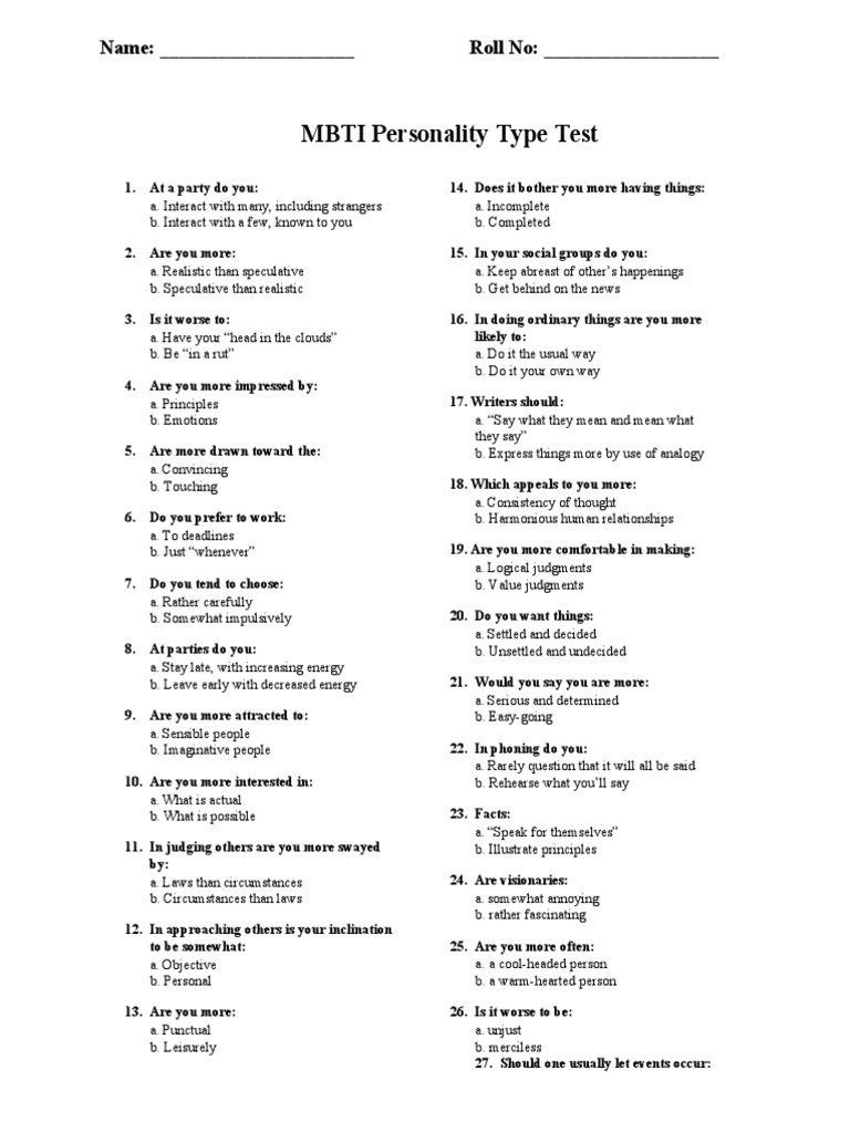 MBTI Personality Type Test: Name: - Roll No | PDF | Psychological ...