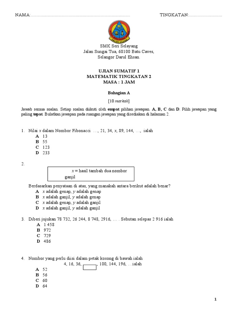 Soalan Mac Matematik t2 - (Recovered) | PDF