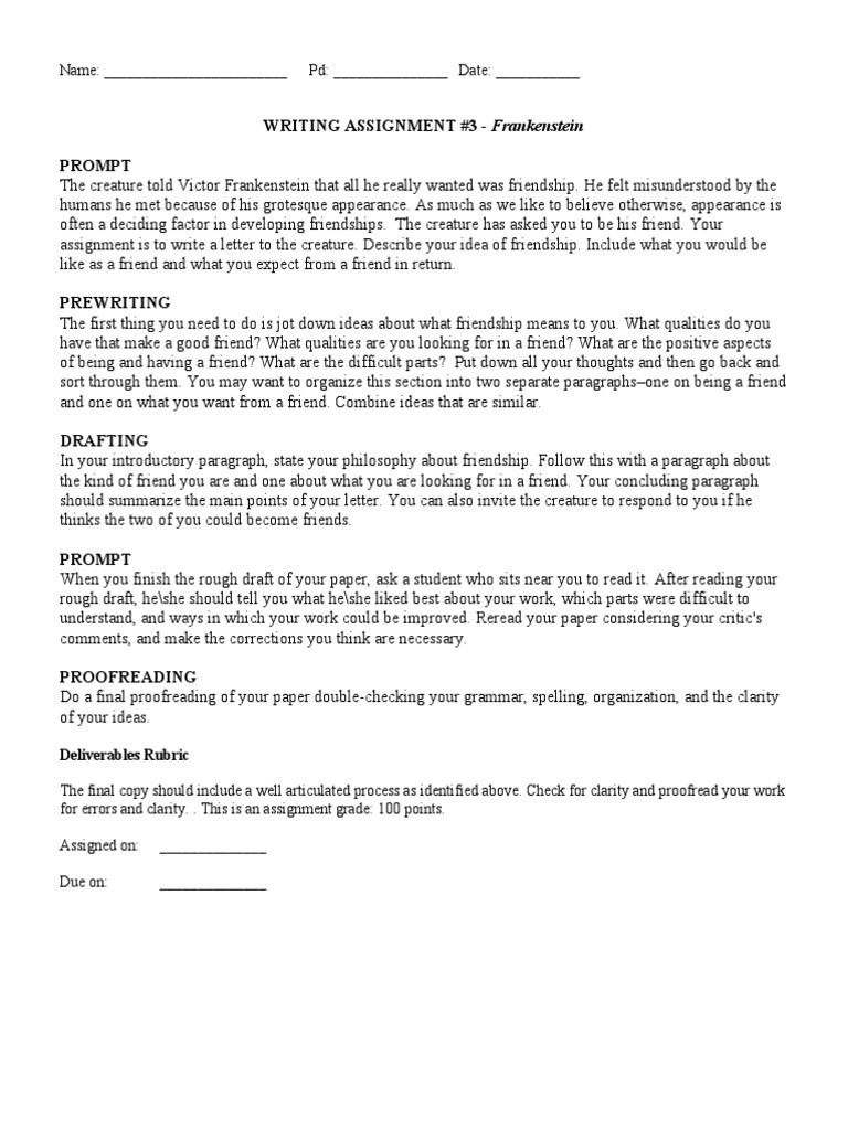 WRITING ASSIGNMENT #3 - Frankenstein Prompt: Deliverables Rubric | PDF