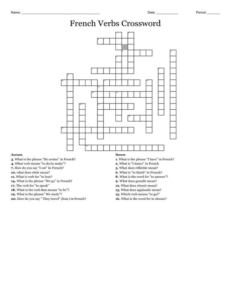 French Verbs Crossword: Name: - Date: - Period | PDF