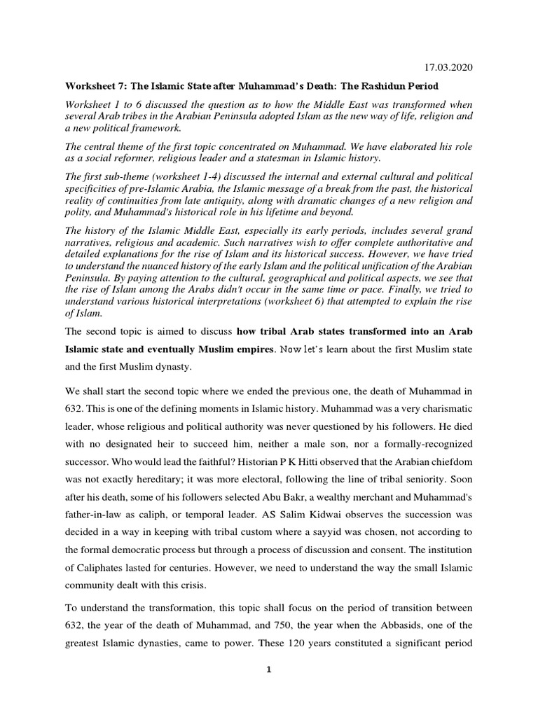 Worksheet 7: The Islamic State After Muhammad's Death: The Rashidun ...