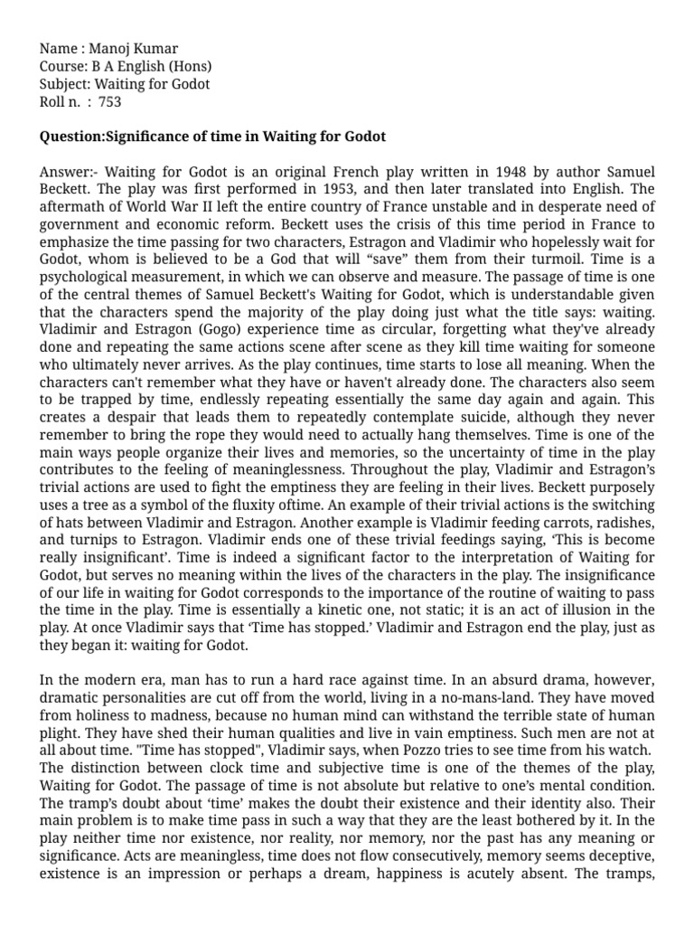 Question:Significance of Time in Waiting For Godot | PDF