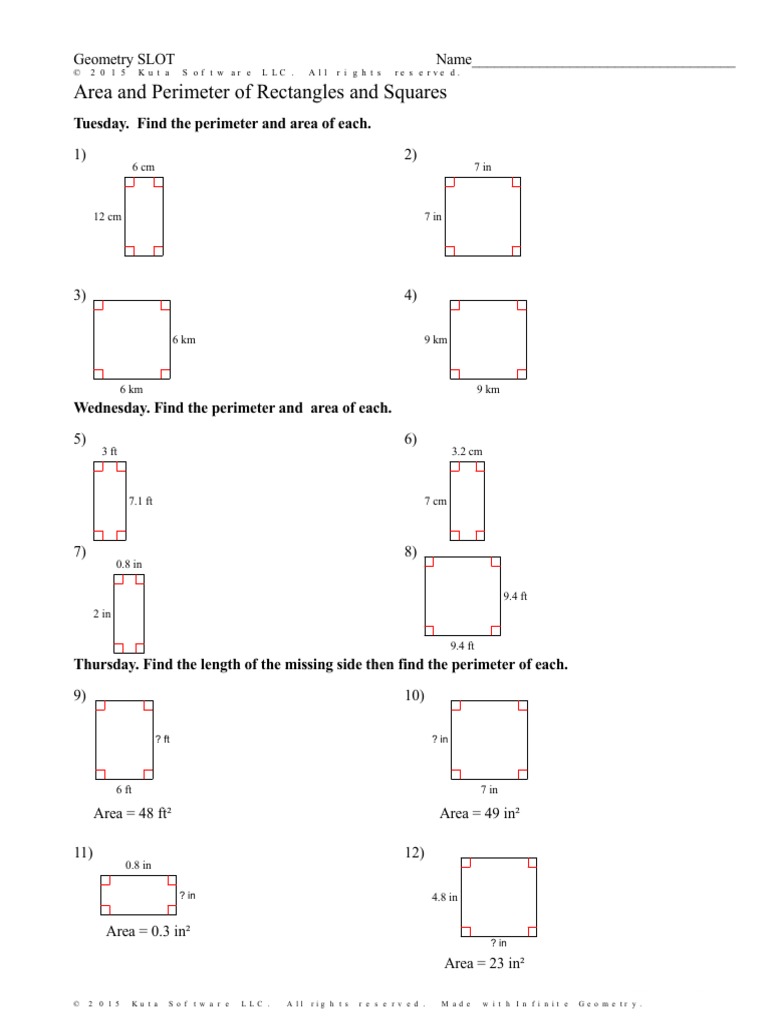 Area and Perimeter of Rectangles and Squares | PDF | Area | Physical ...