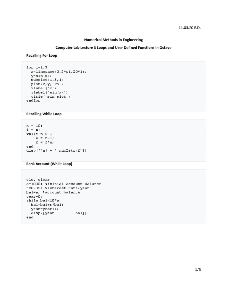 11.03.20 E.D. Numerical Methods in Engineering Computer Lab Lecture 3 Loops and User Defined ...