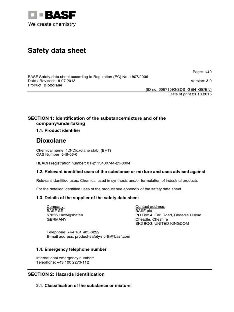 Safety Data Sheet: Dioxolane | PDF | Dangerous Goods | Toxicity