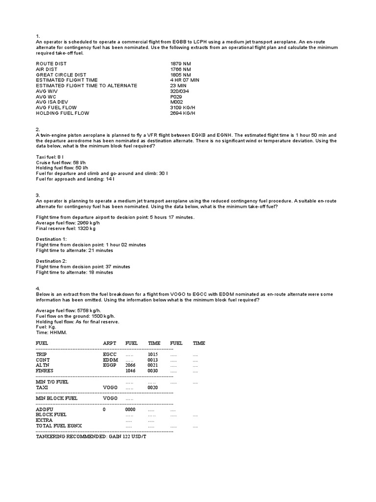 Fuel Exercises | PDF | Airplane | Aviation