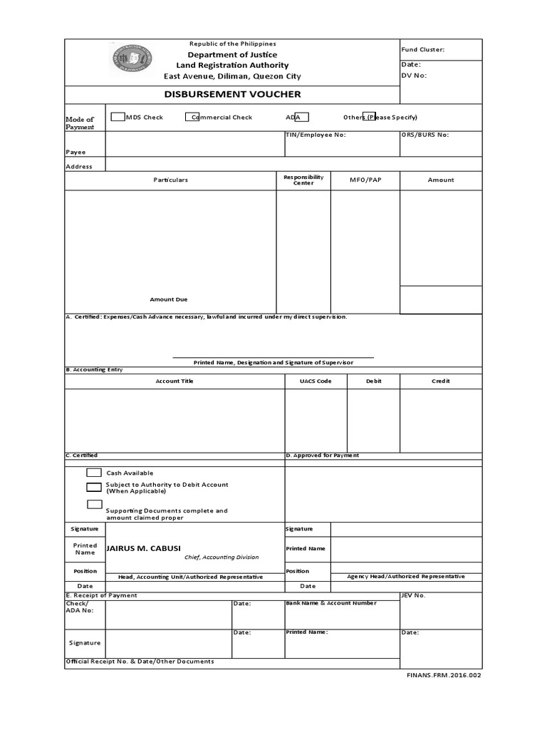 Disbursement Voucher: Department of Justice Land Registration Authority ...