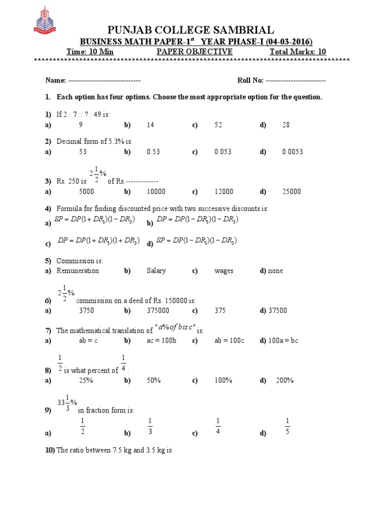 Punjab College Sambrial: Business Math Paper-1 YEAR PHASE-I (04-03-2016 ...
