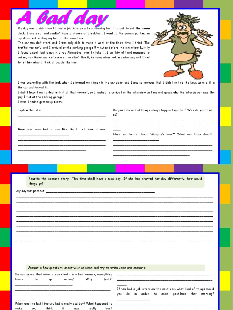 A Bad Day Reading Comprehension Writing Conversati Fun Activities Games ...