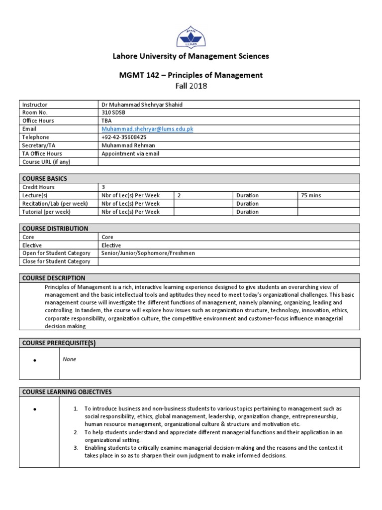 Principles of Management Course Syllabus for Lahore University of ...