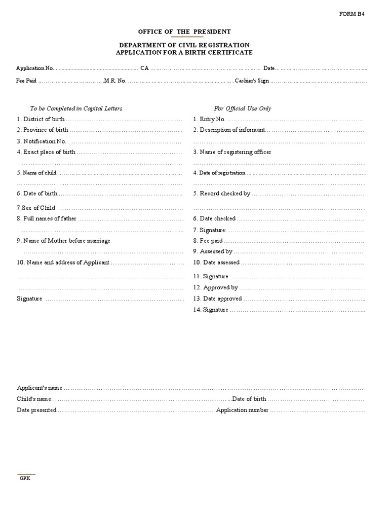 Kenya Birth ApplicationBirthCertificate Form-B4 PDF | PDF | Government ...