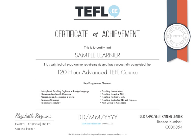 Certificate Achievement: Sample Learner 120 Hour Advanced TEFL Course ...