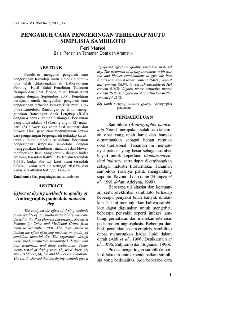 Pengaruh Metode Pengeringan Sambiloto | PDF