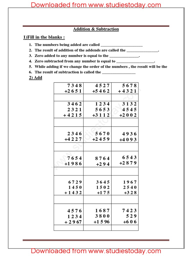 CBSE Class 3 Mathematics - Addition & Subtraction PDF | PDF | Abstract ...