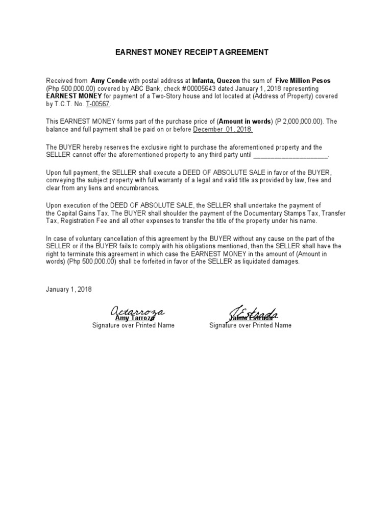 Earnest Money Receipt for House Purchase | PDF