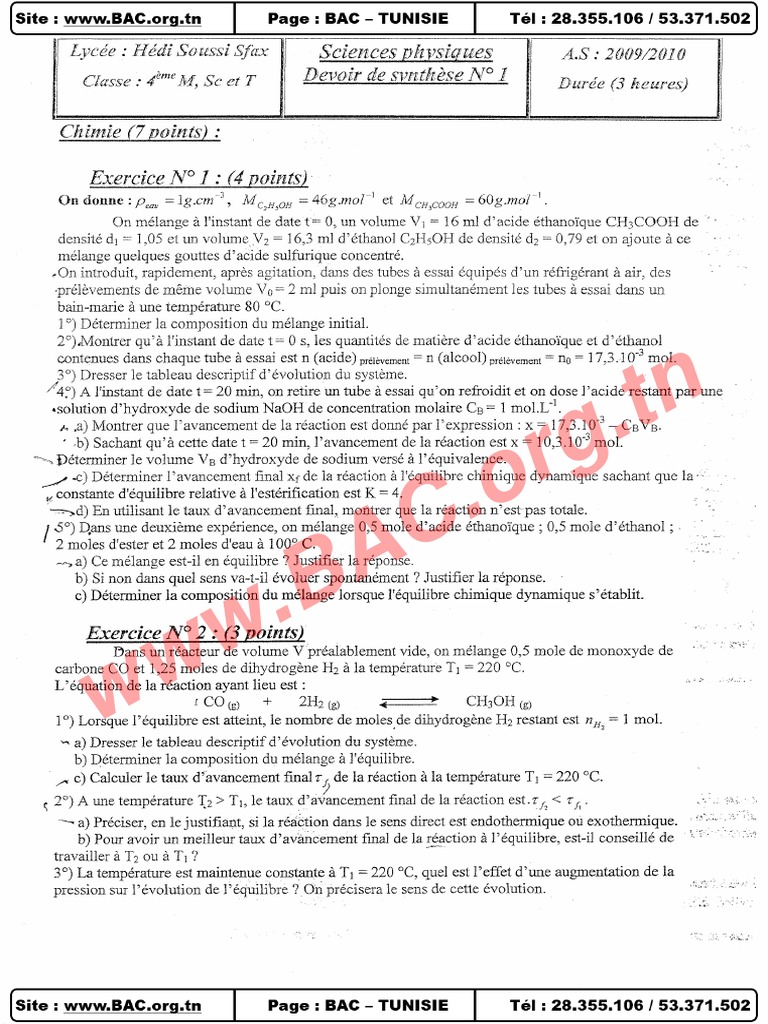 Devoir Synthese N°1 Physique Bac Technique PDF | PDF | Mécanique ...