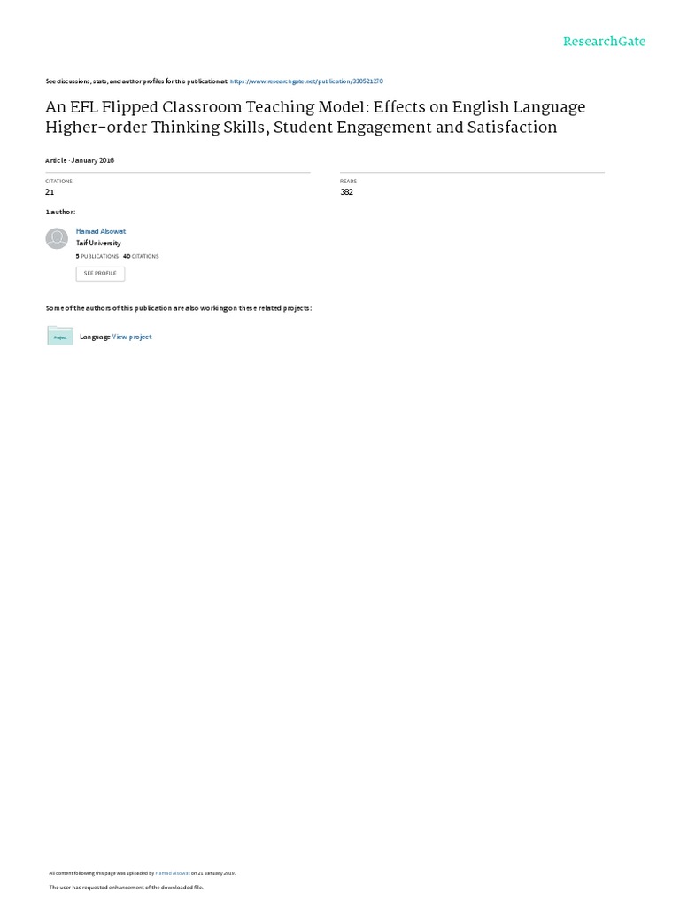 An EFL Flipped Classroom Teaching Model: Effects On English Language Higher-Order Thinking ...