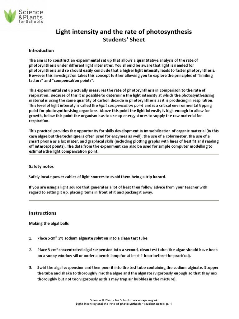 SAPS - Light Intensity and The Rate of Photosynthesis - Student Notes ...