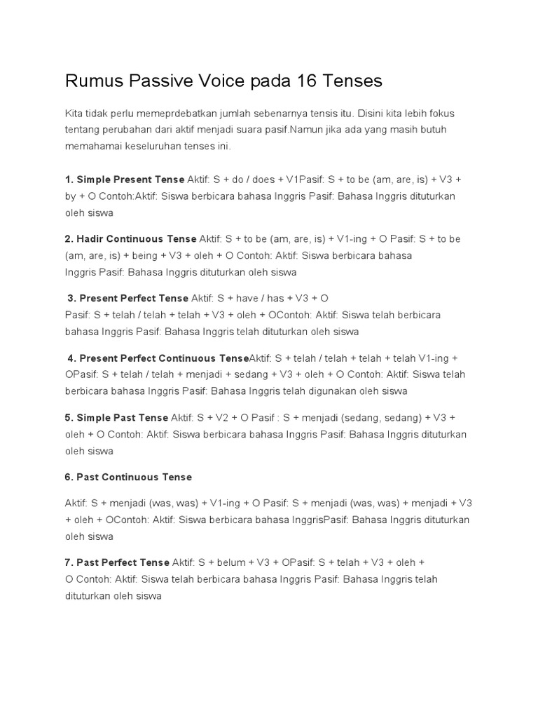 Rumus Passive Voice Pada 16 Tenses | PDF